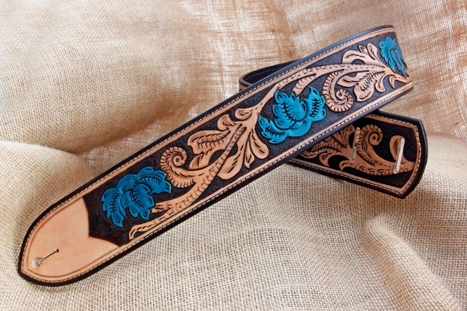 Handmade Leather Turquoise Floral Guitar Strap