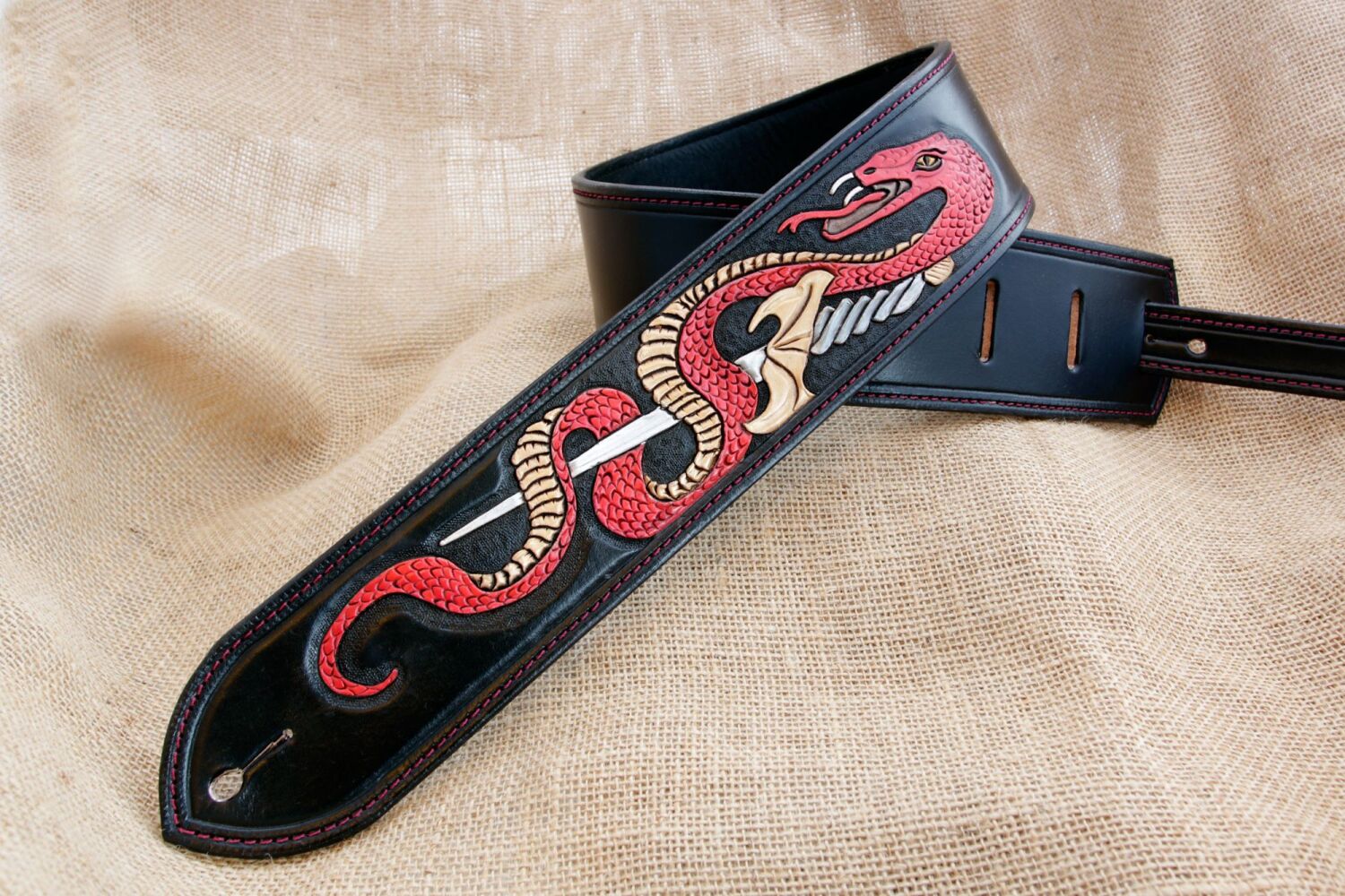 Handmade Tooled Black Leather Snake Guitar Strap
