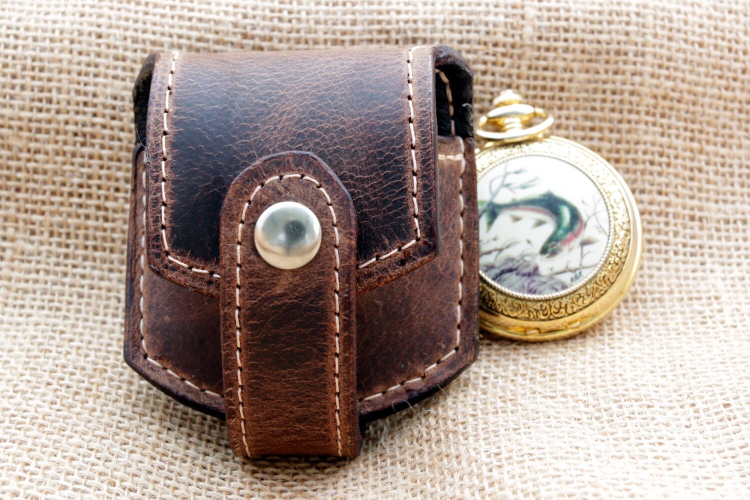 Handmade Brown Buffalo Leather Pocket Watch Pouch