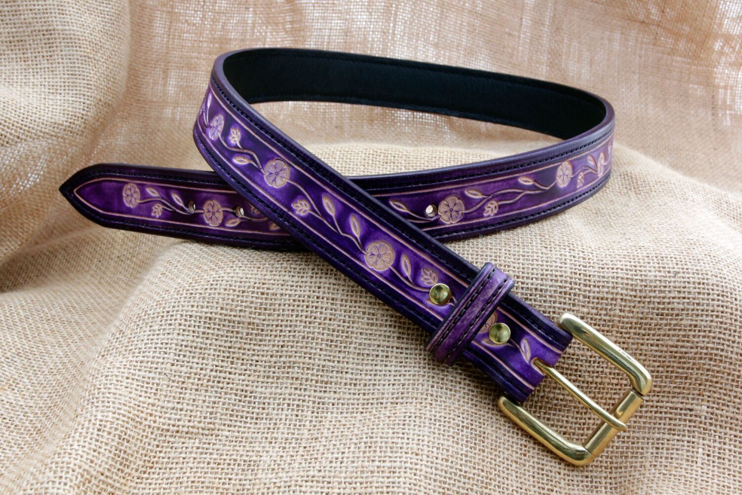 Handmade Purple Floral Tooled Leather Belt with Solid Brass Buckle