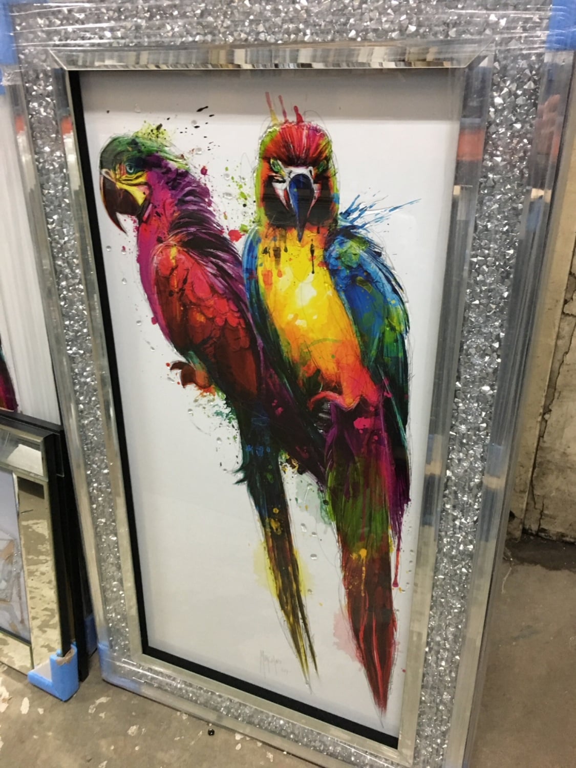 "Colourful Parrots" Wall Art in a diamond crush mirrored Frame