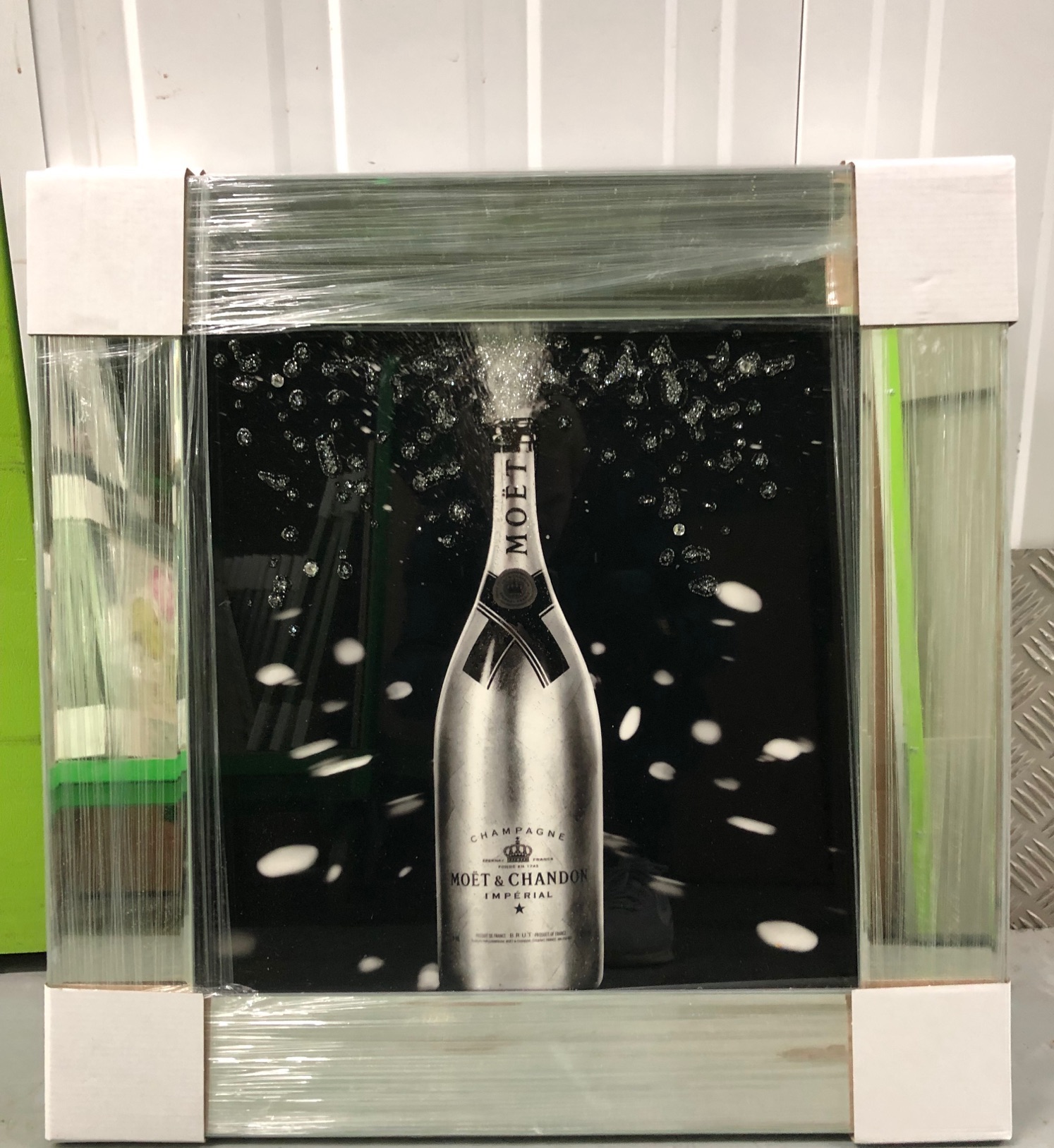 ** Moet Champagne Silver Glitter Art Mirrored Frame ** 55cm x 55cm