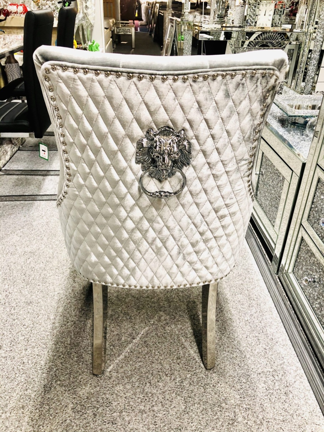 Lion Back Dining Chair Quilted Stitch Back Design in silver with Chrome Leg