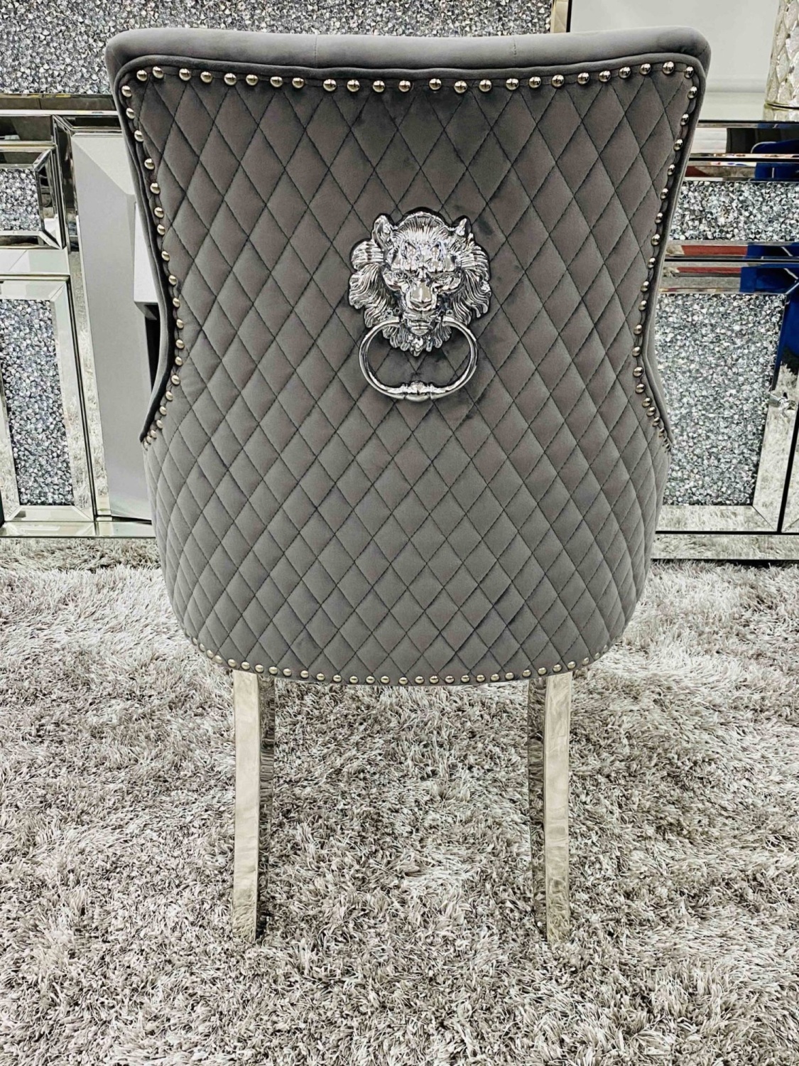 Lion Back Dining Chair Quilted Stitch Back Design in Grey with Chrome Leg