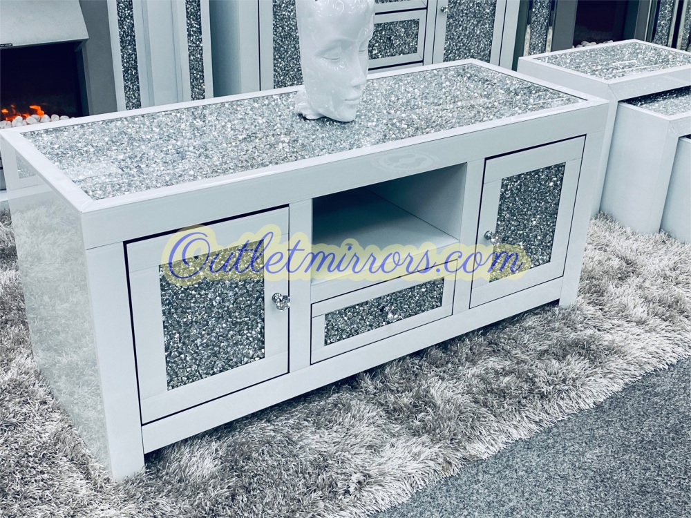 luxury Diamond Crush crystal Sparkle mirrored tv base entertainment units