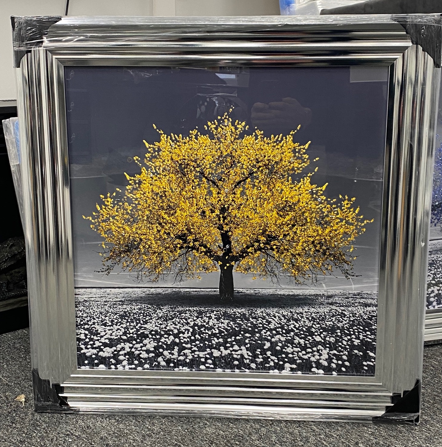 "Glitter Sparkle Blossom Tree Yellow " in a silver Stepped Frame 75cm x ...
