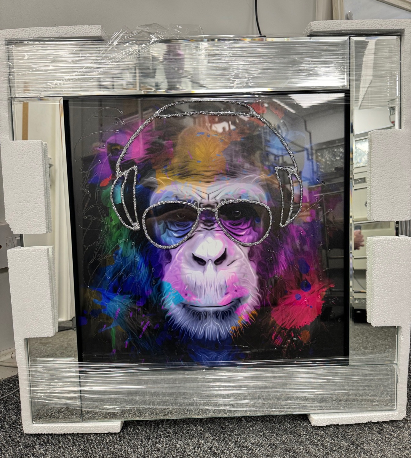Mirror framed art print "Multi colour Monkey with glasses" 60cm x 60cm