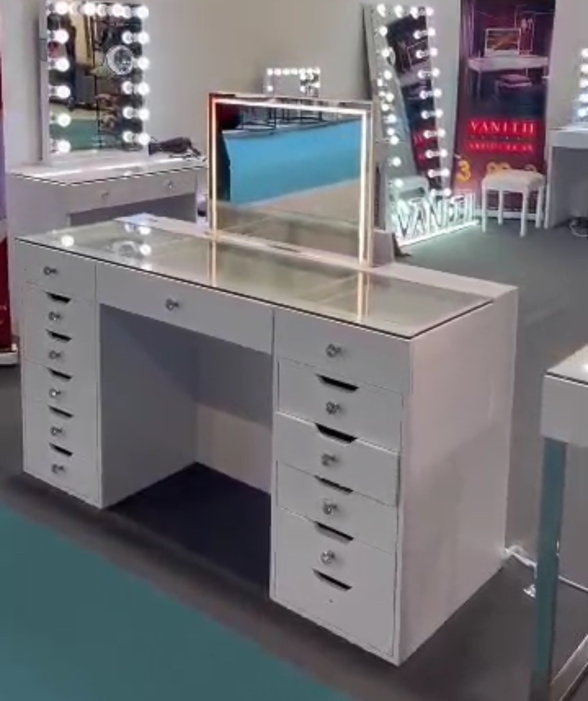 Eva Vanity Desk 13 Drawer with built in Led light, bluetooth & USB port