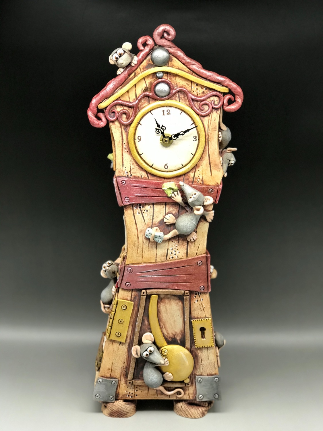 Mouse Grandfather Clock, Ceramic Pottery Mantel Clock - Red Accents
