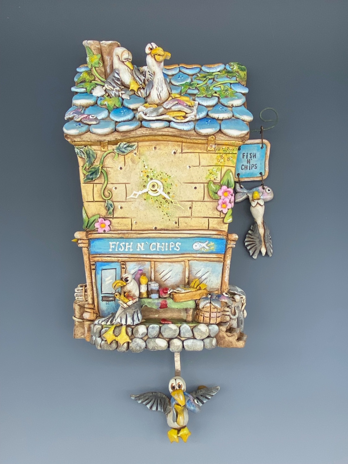 Fish and Chip Shop Clock with swinging Pendulum, Ceramic Pottery Wall ...