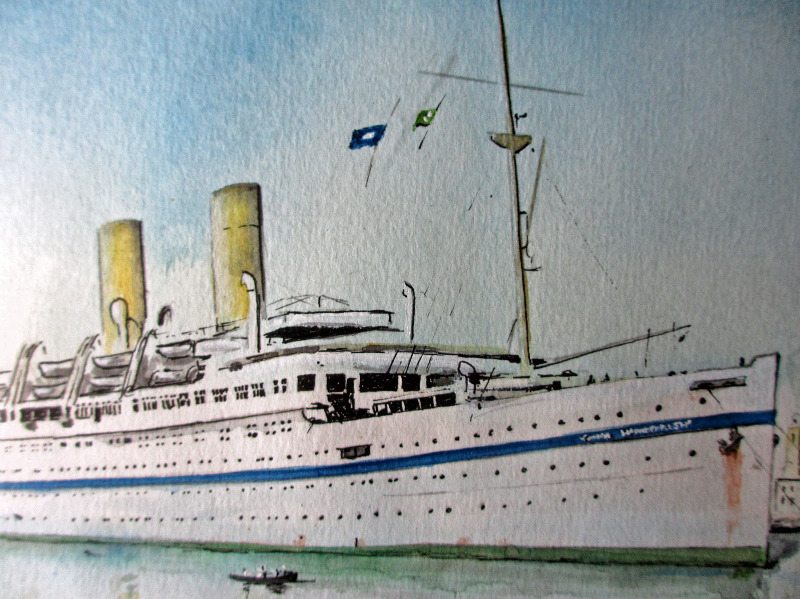 H.M.T. Empire Windrush, watercolour on paper, signed G. Kell 53. SOLD ...