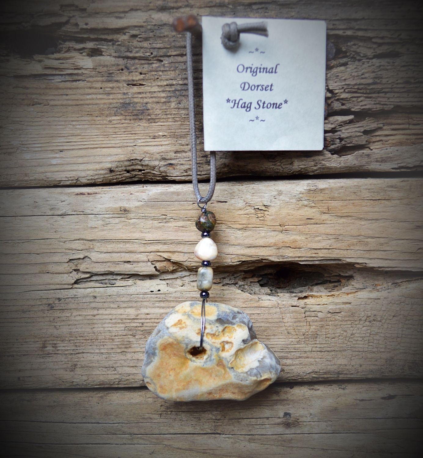 Hag Stone Charm with Ocean Jasper Crystals