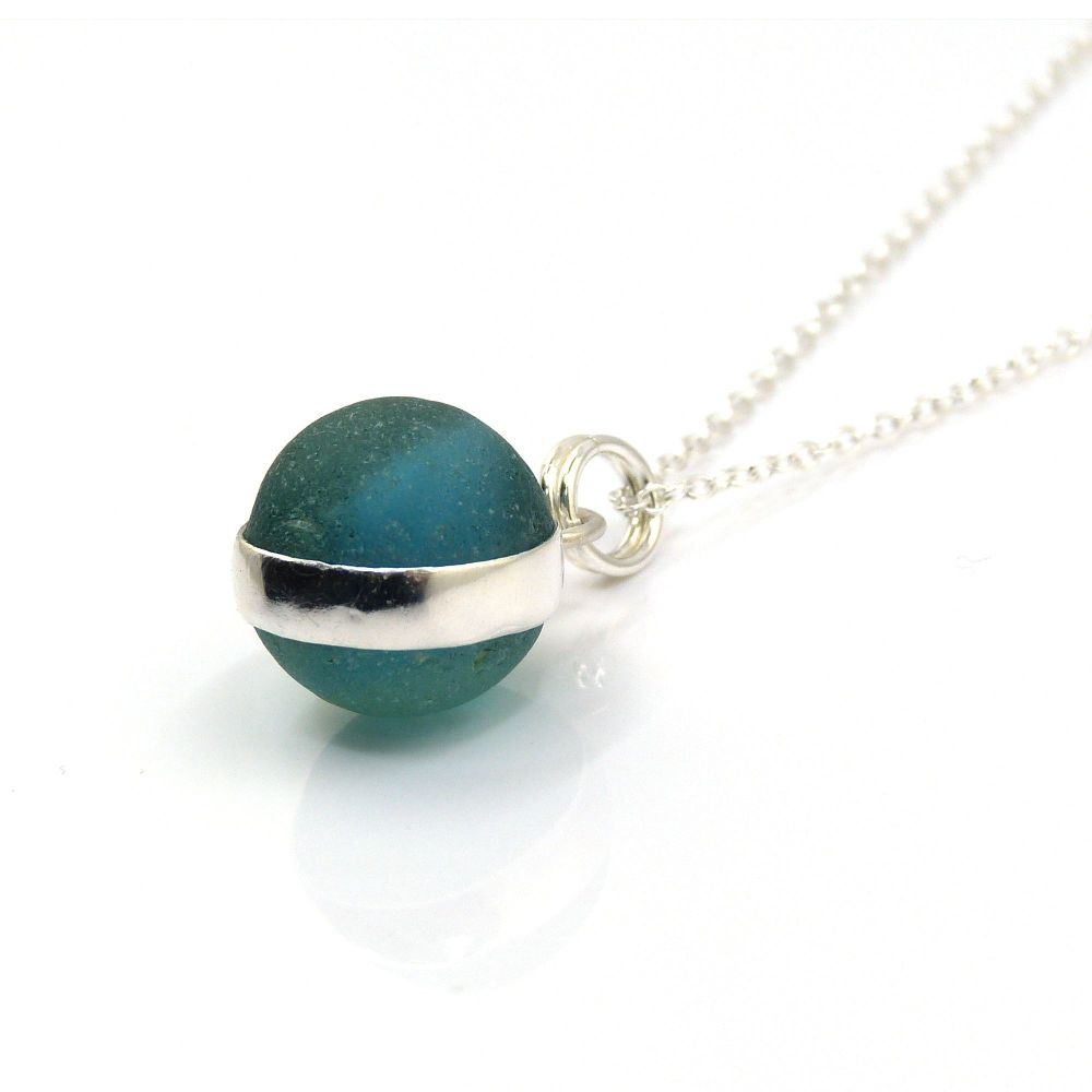 Sea Glass Marble Necklace, Teal Marble, Bezel Set Marble, L216