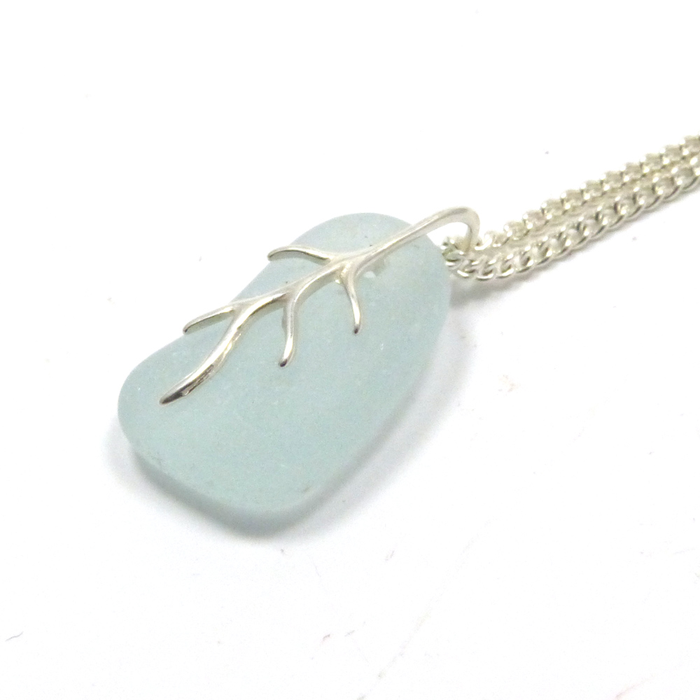 Sea Blue Sea Glass and Silver Tendril Charm Necklace