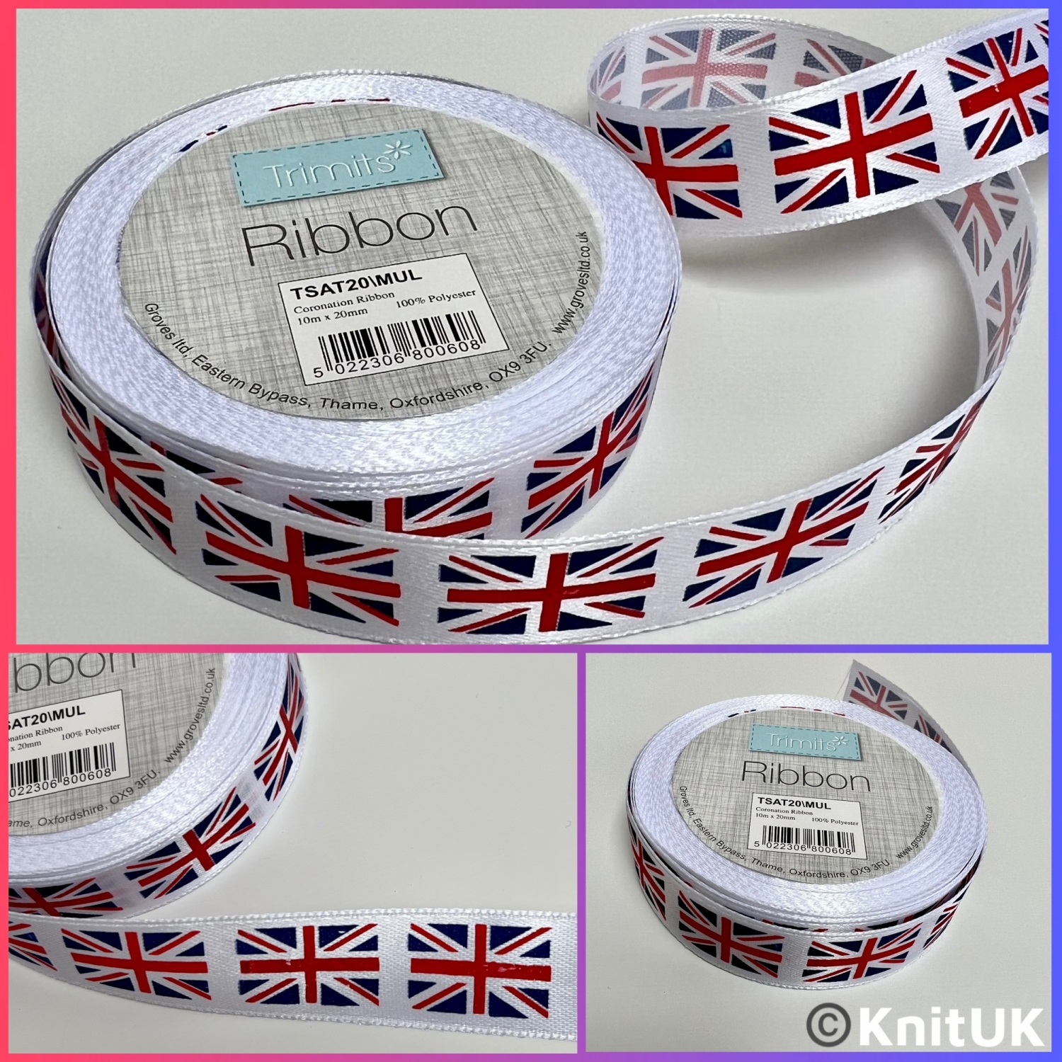 20mm Coronation Ribbon Union Jack and Crown - Trimits ribbons - KnitUK
