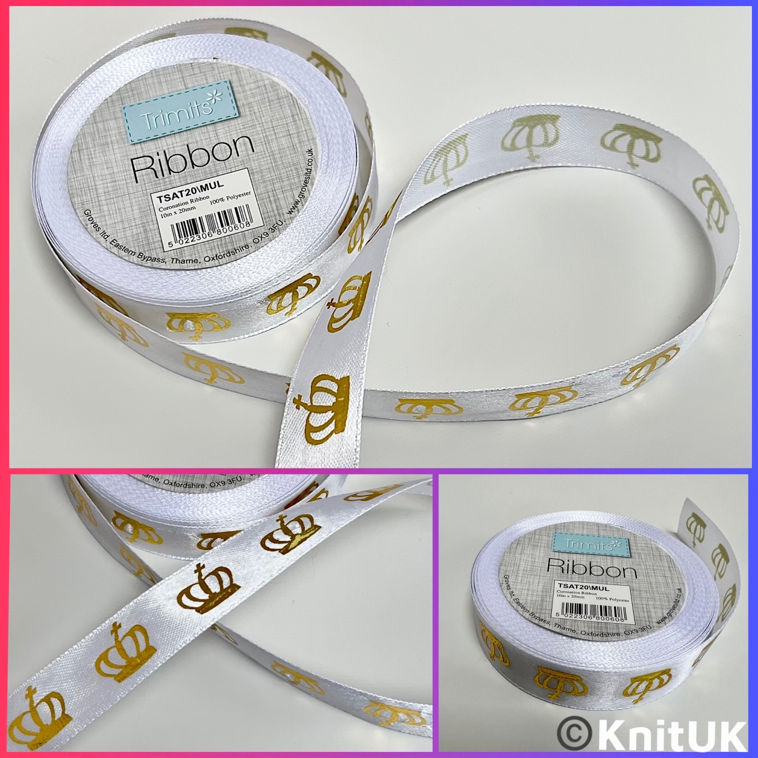 20mm Coronation Ribbon Union Jack and Crown - Trimits ribbons - KnitUK