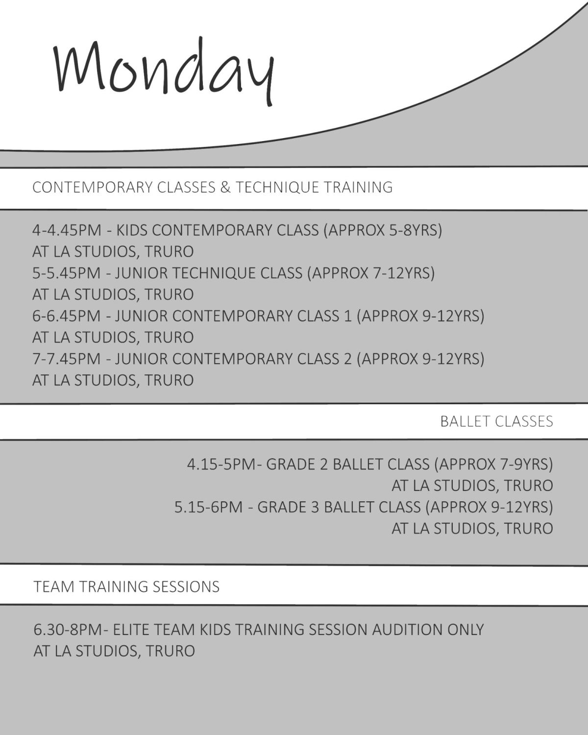 Cornwall Dance School Class Timetable - Lesson Times