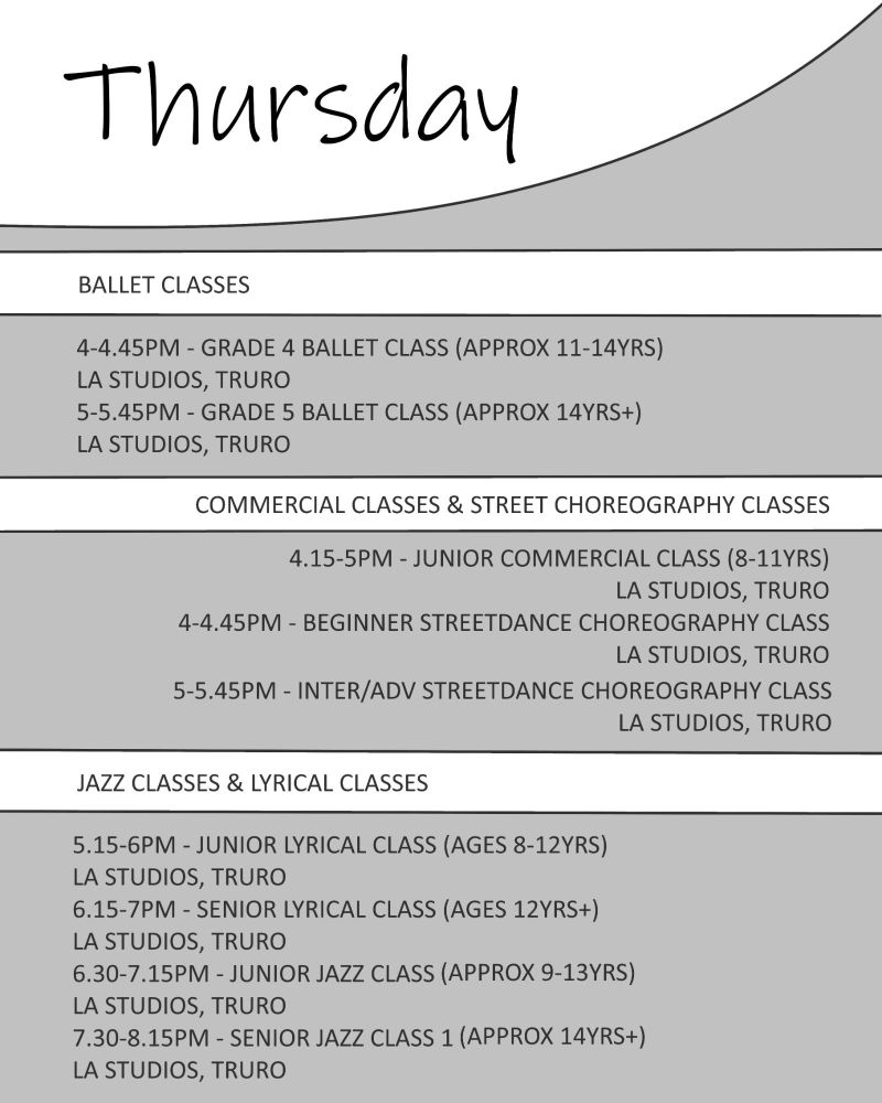 Cornwall Dance School Class Timetable - Lesson Times