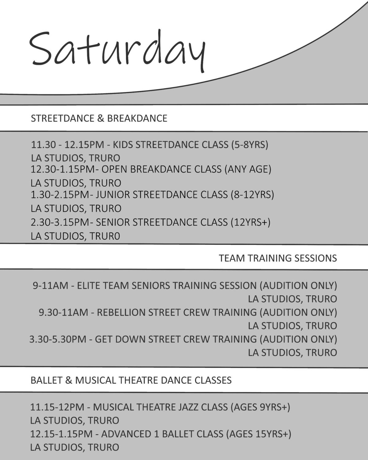 Cornwall Dance School Class Timetable - Lesson Times
