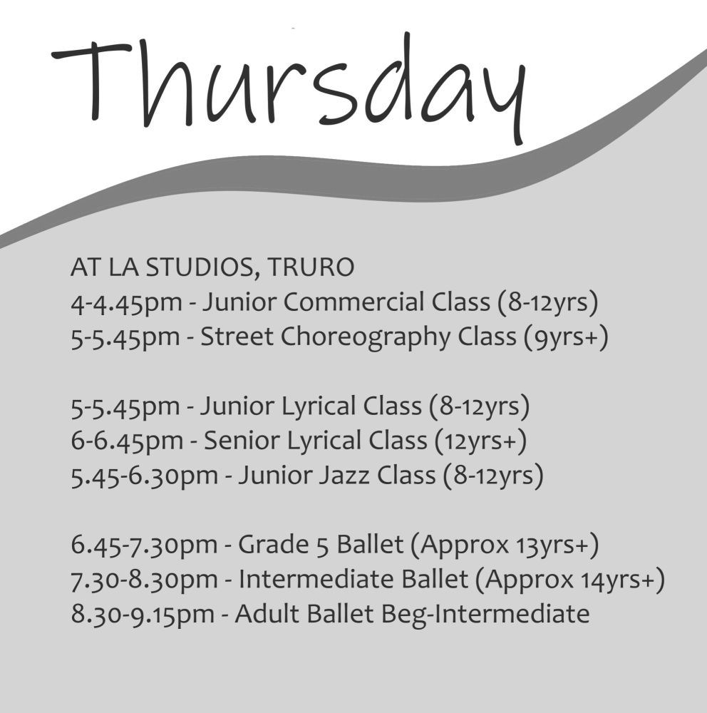 Cornwall Dance School Class Timetable - Lesson Times