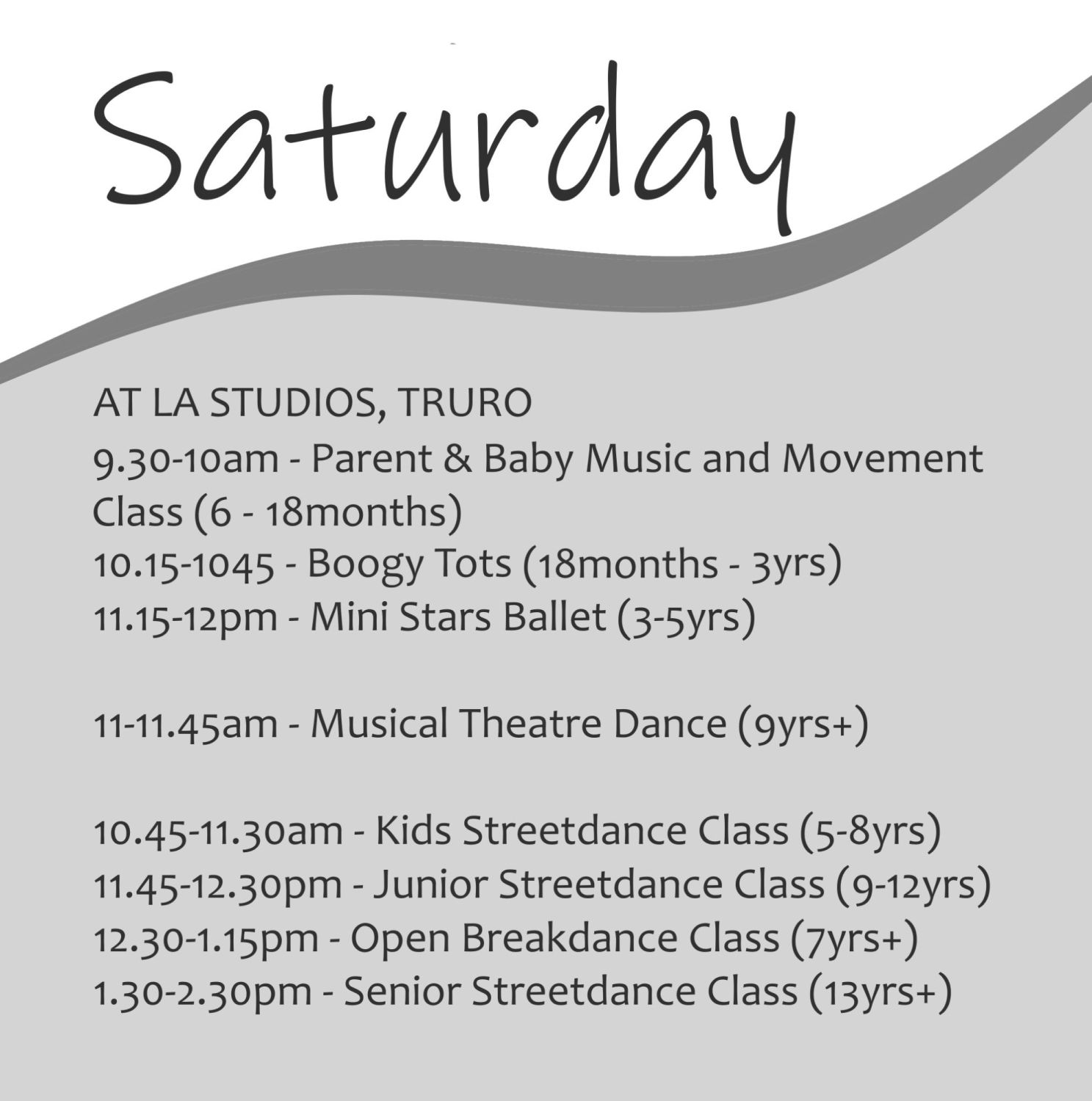 Cornwall Dance School Class Timetable - Lesson Times