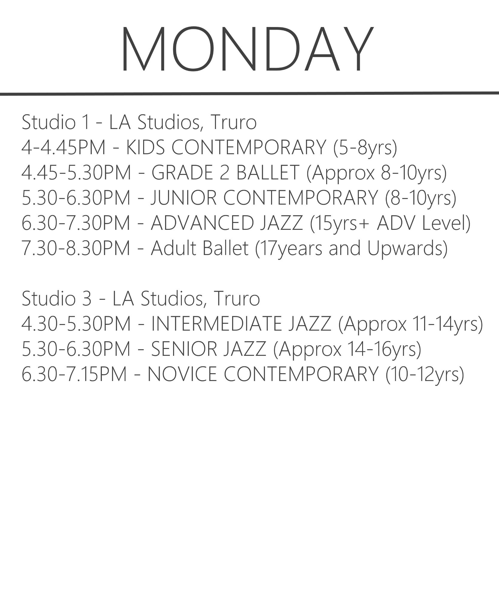 Cornwall Dance School Class Timetable - Lesson Times