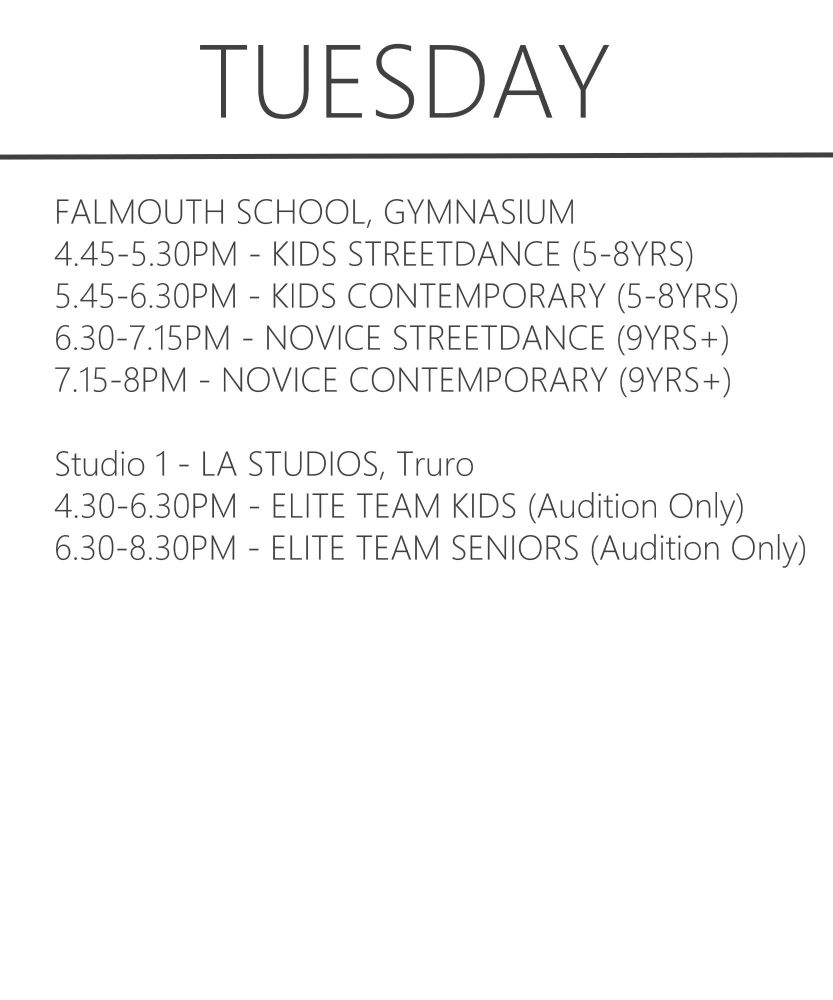 Cornwall Dance School Class Timetable - Lesson Times