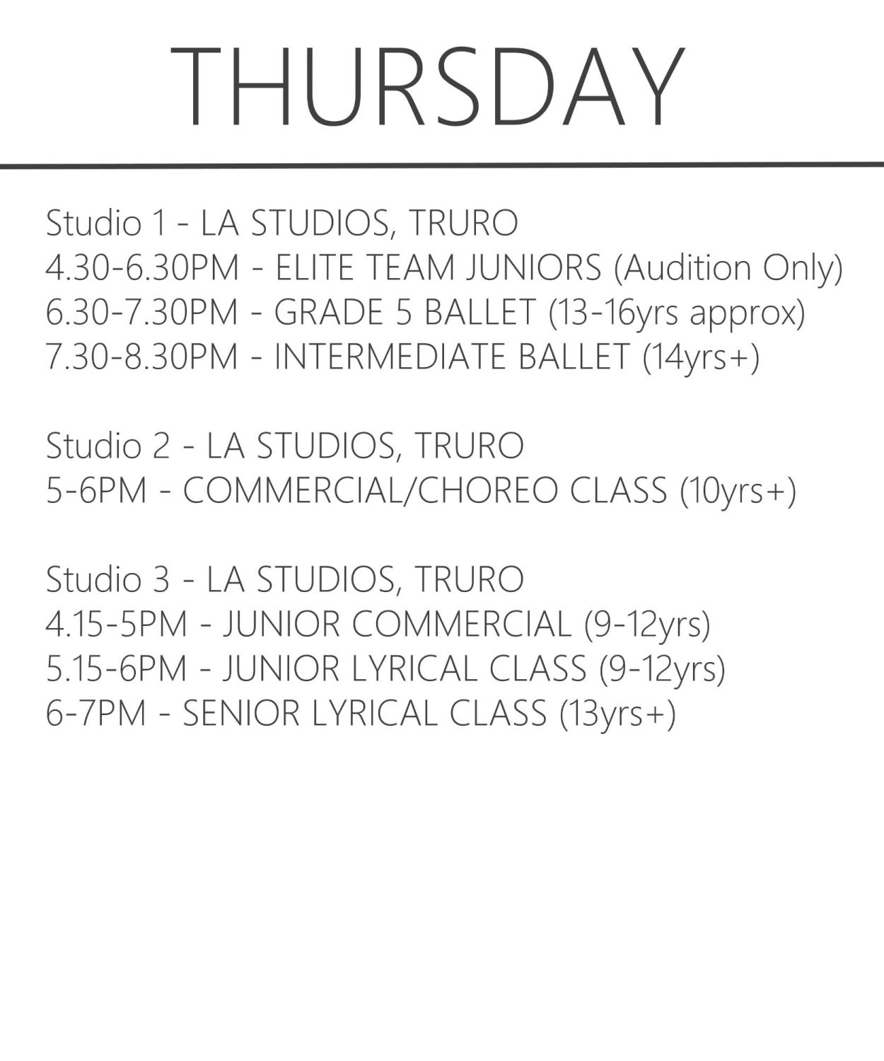 Cornwall Dance School Class Timetable - Lesson Times