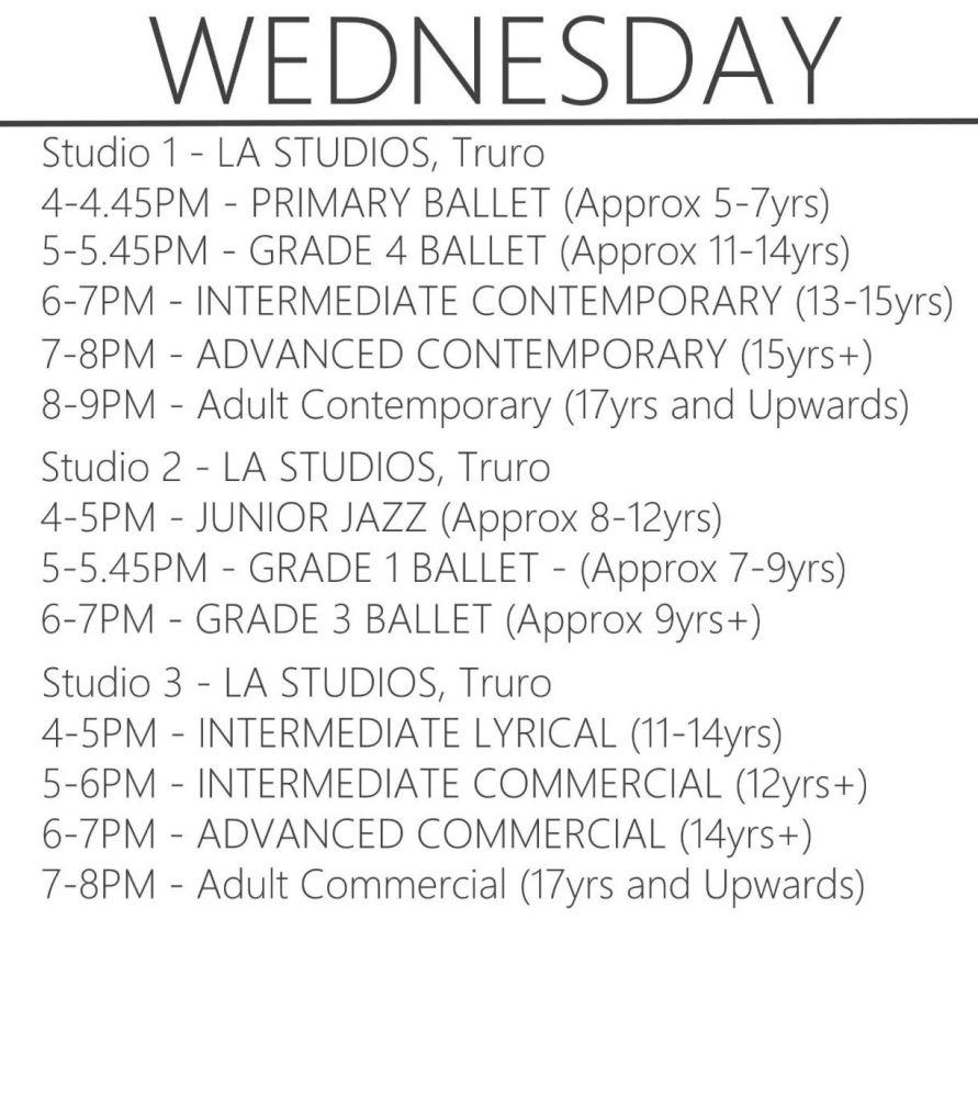 Cornwall Dance School Class Timetable - Lesson Times