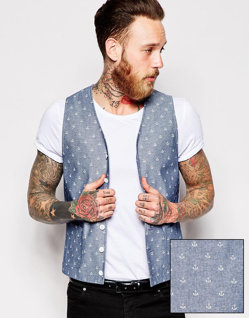 Printed Front Slim Fit Vest - M