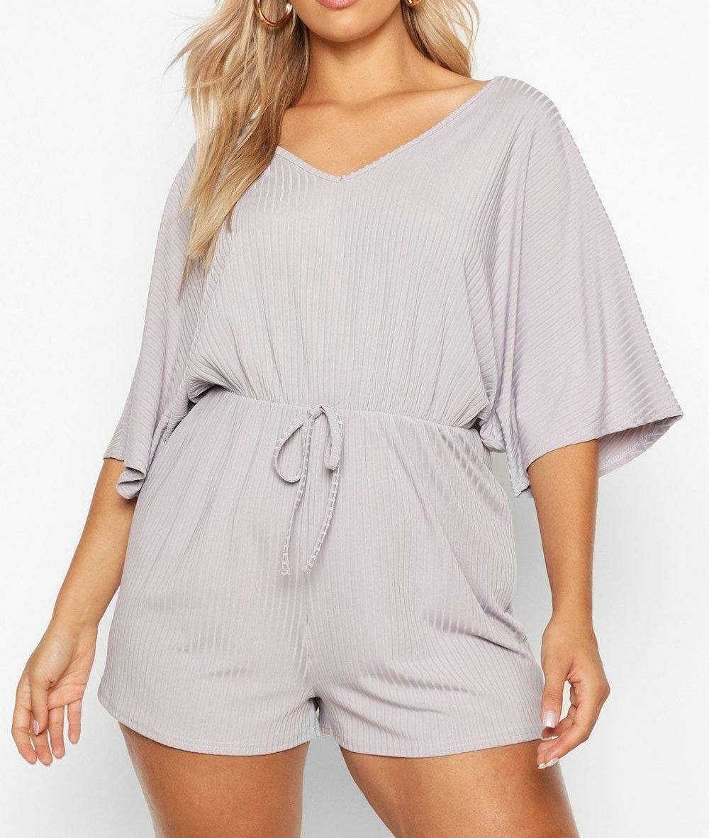 Grey Rib V-Neck Romper Size: 3XL