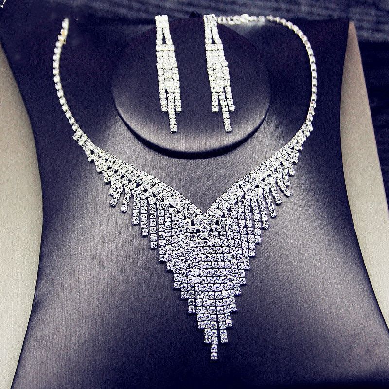 Long Tassel Silver/Rhinestone Necklace Set