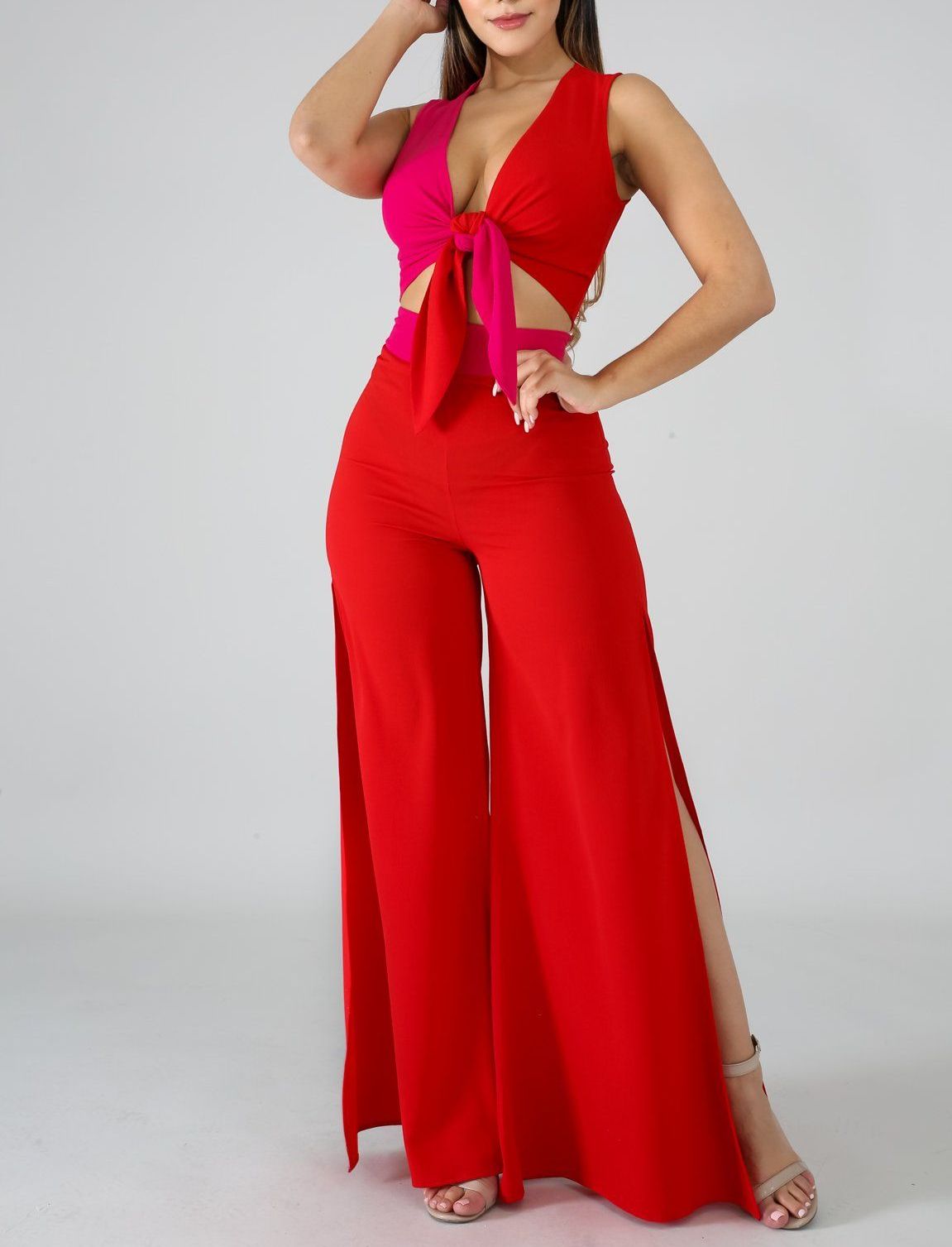 Red High Waist Side Slit Crop Top Pants Set Size: M