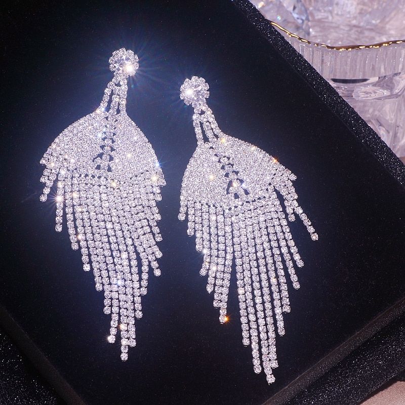Sparkling Rhinestone Long Tassel Drop Earrings