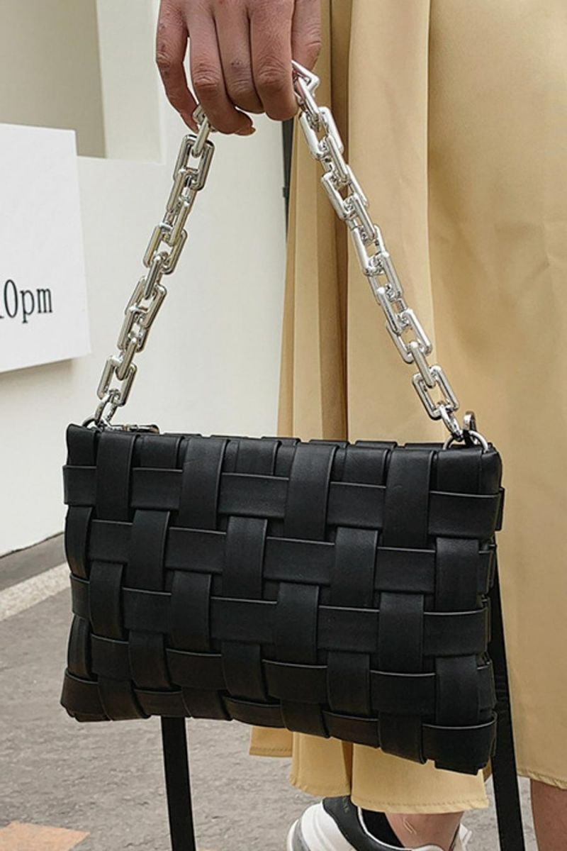 Black Weave PU Leather Zip-Up Shoulder Handbag