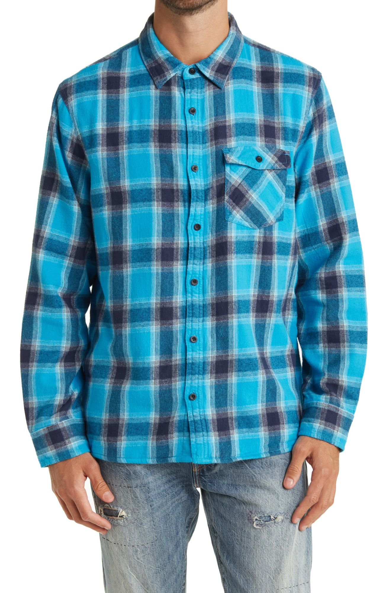 Navy Blue Shadow Plaid Cotton Long Sleeve Shirt Size: S