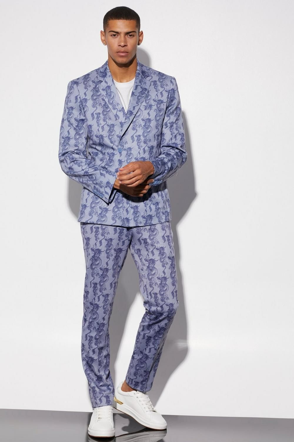 Slim Fit Wrap Dragon Printed Blazer Suit Size: 1XL