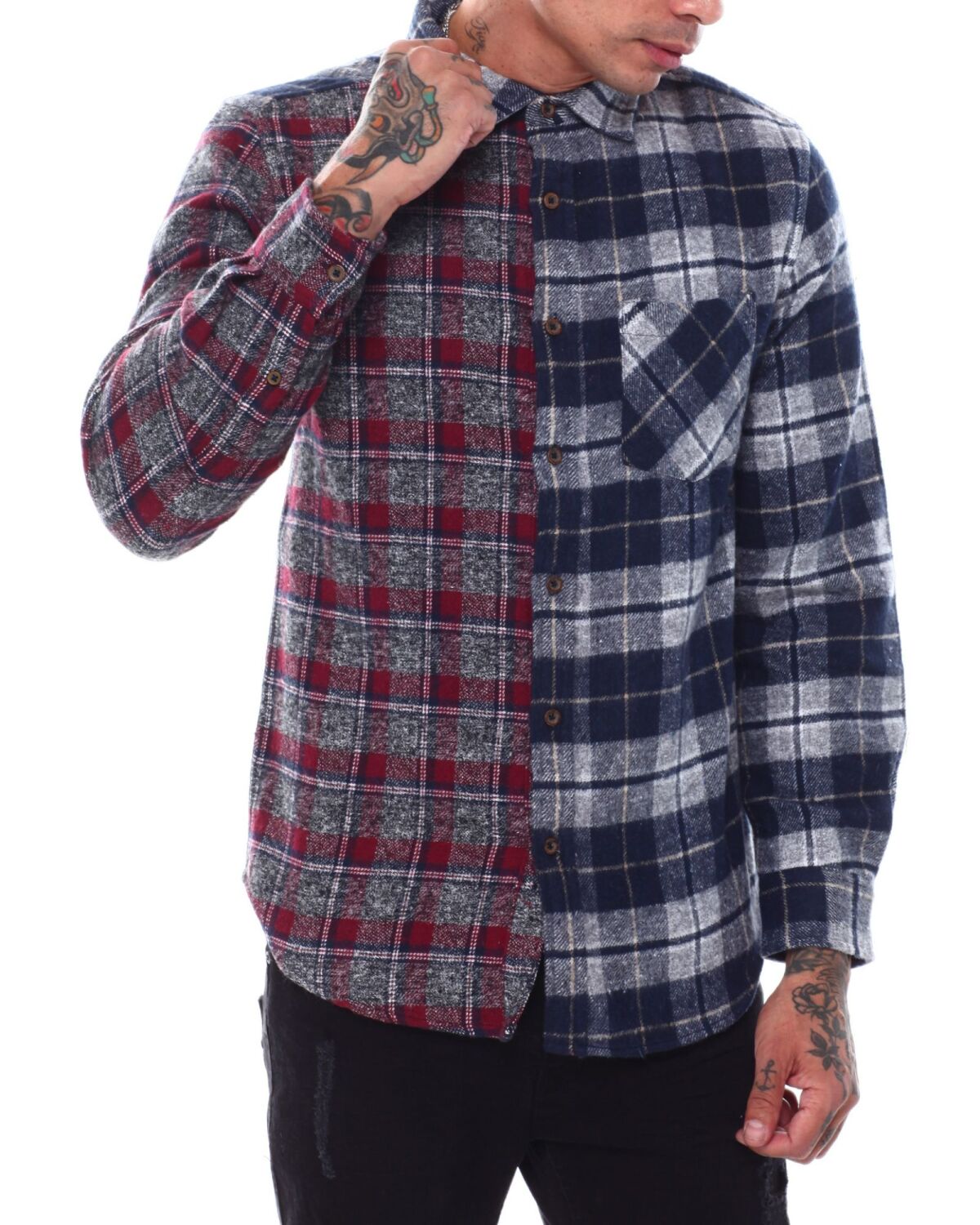 Plaid Long Sleeve Two Tone Split Button-Down Shirt Size: S