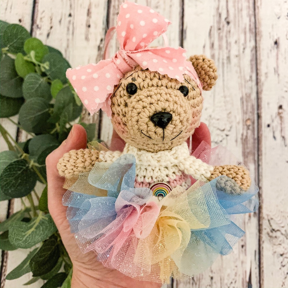 Hanging Rainbow Tutu Bear with Rainbow Tutu - Pink and Ivory