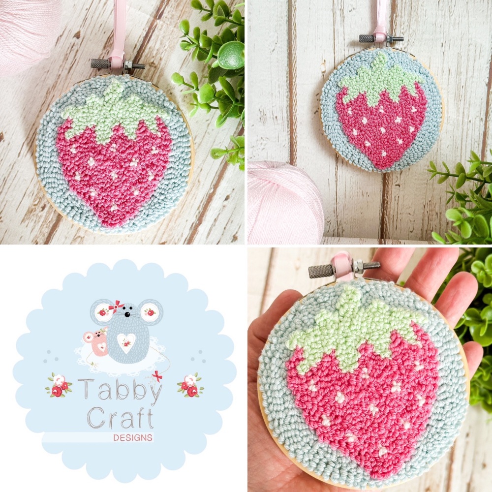 4” Punch Needle Hanging Strawberry Hoop - Blue