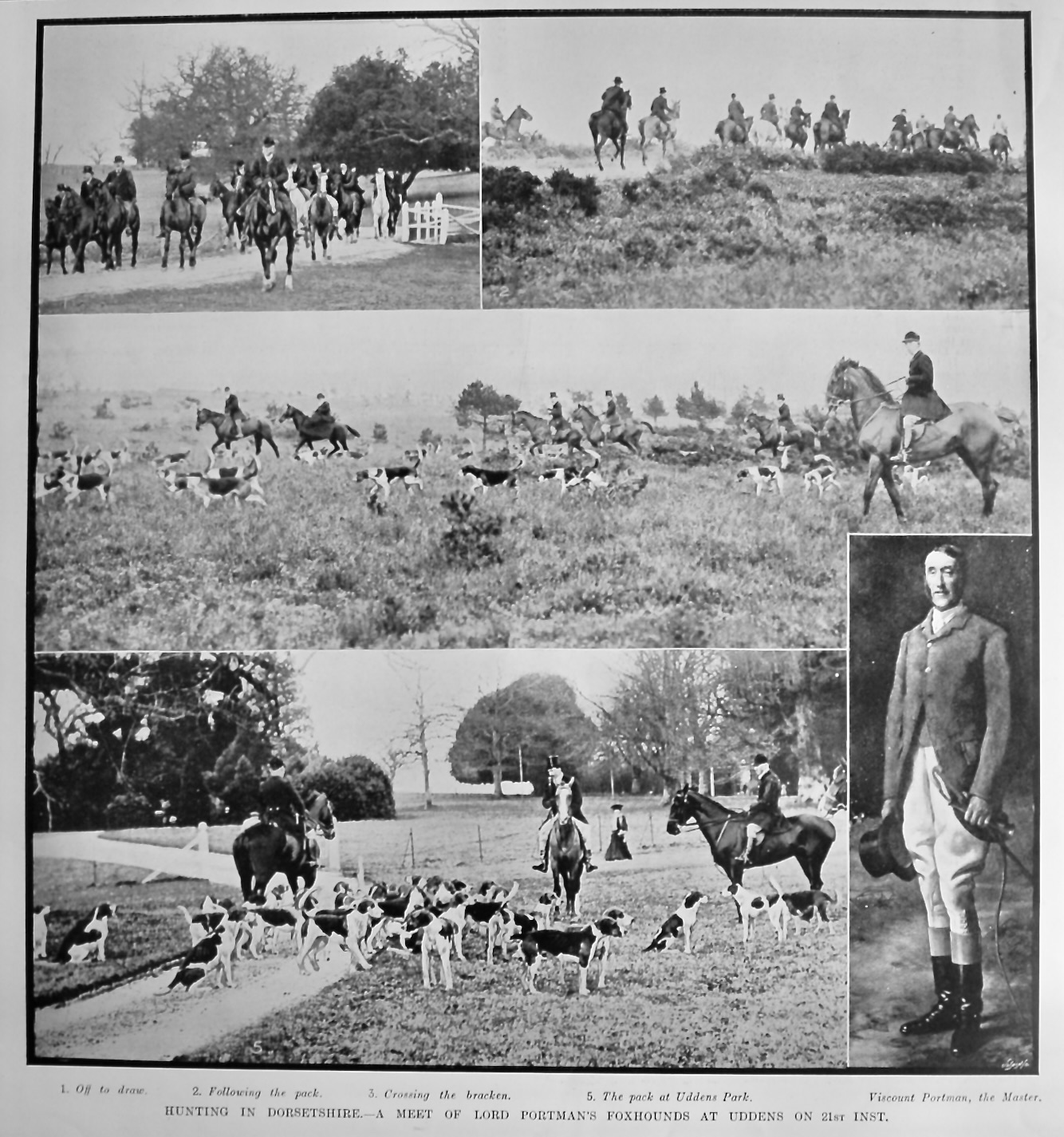 Hunting in Dorsetshire.- A Meet of Lord Portman's Foxhounds at Udders ...