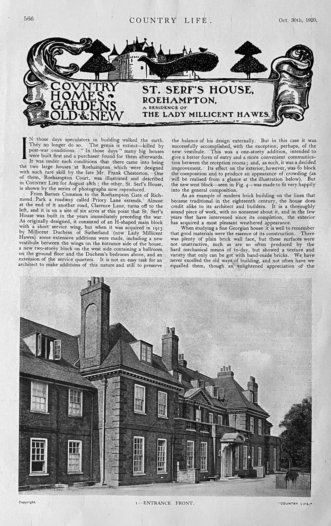 St. Serf's House, Roehampton, a Residence of The Lady Millicent Hawes ...