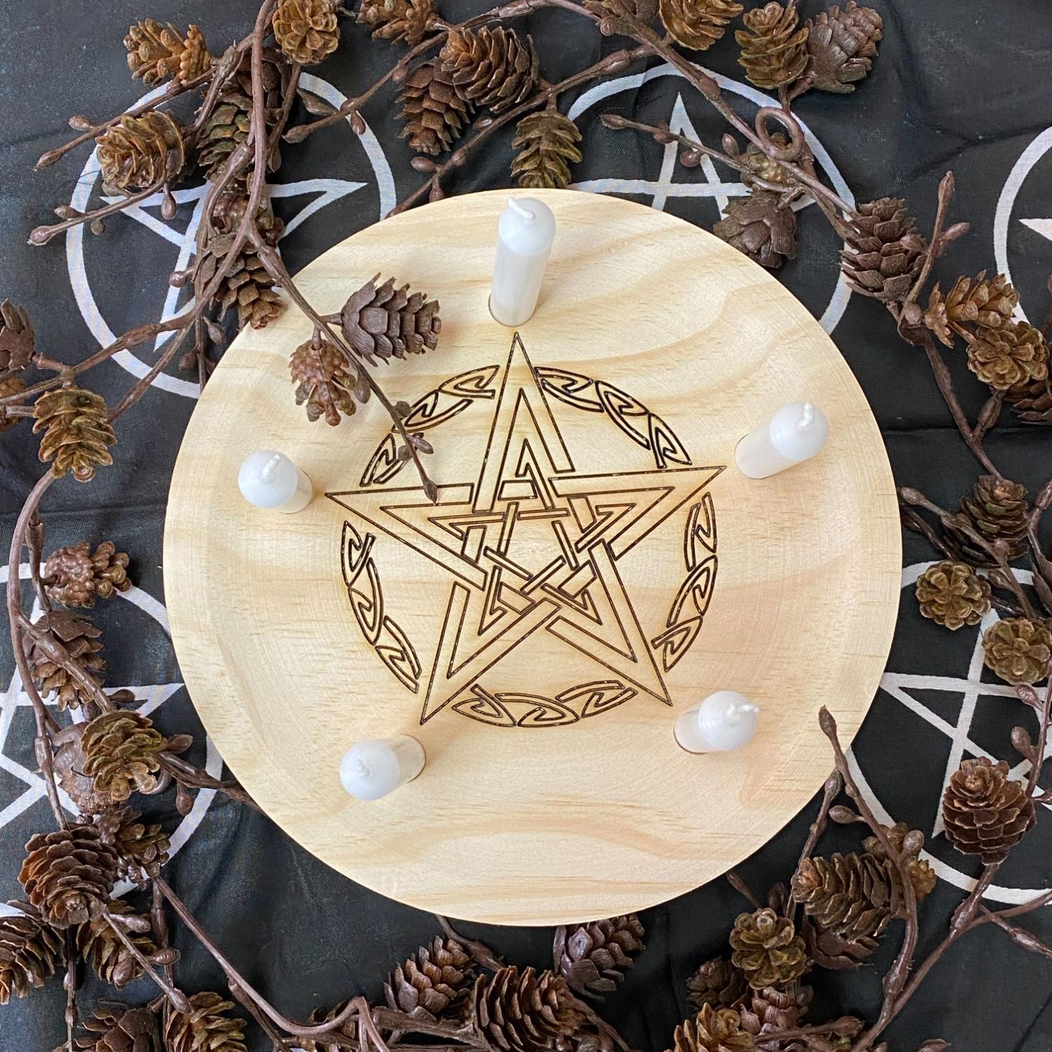 A Rustic Hand Crafted Wooden Spell Casting Plate with Pentagram