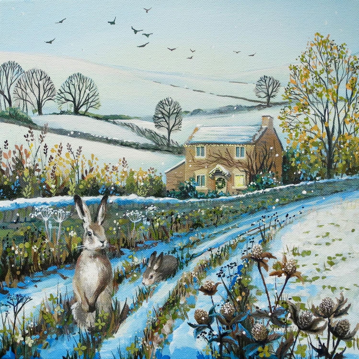 Foraging Hares- ORIGINAL PAINTING