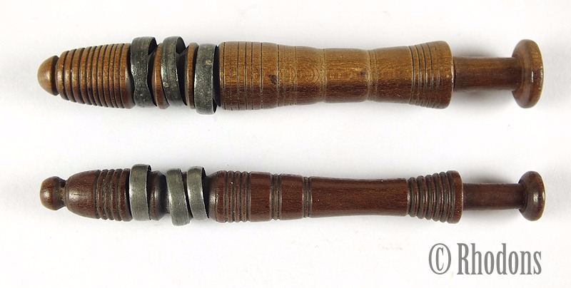 Turned Wood Lace Making Bobbins With Pewter Rings Lot Of 2