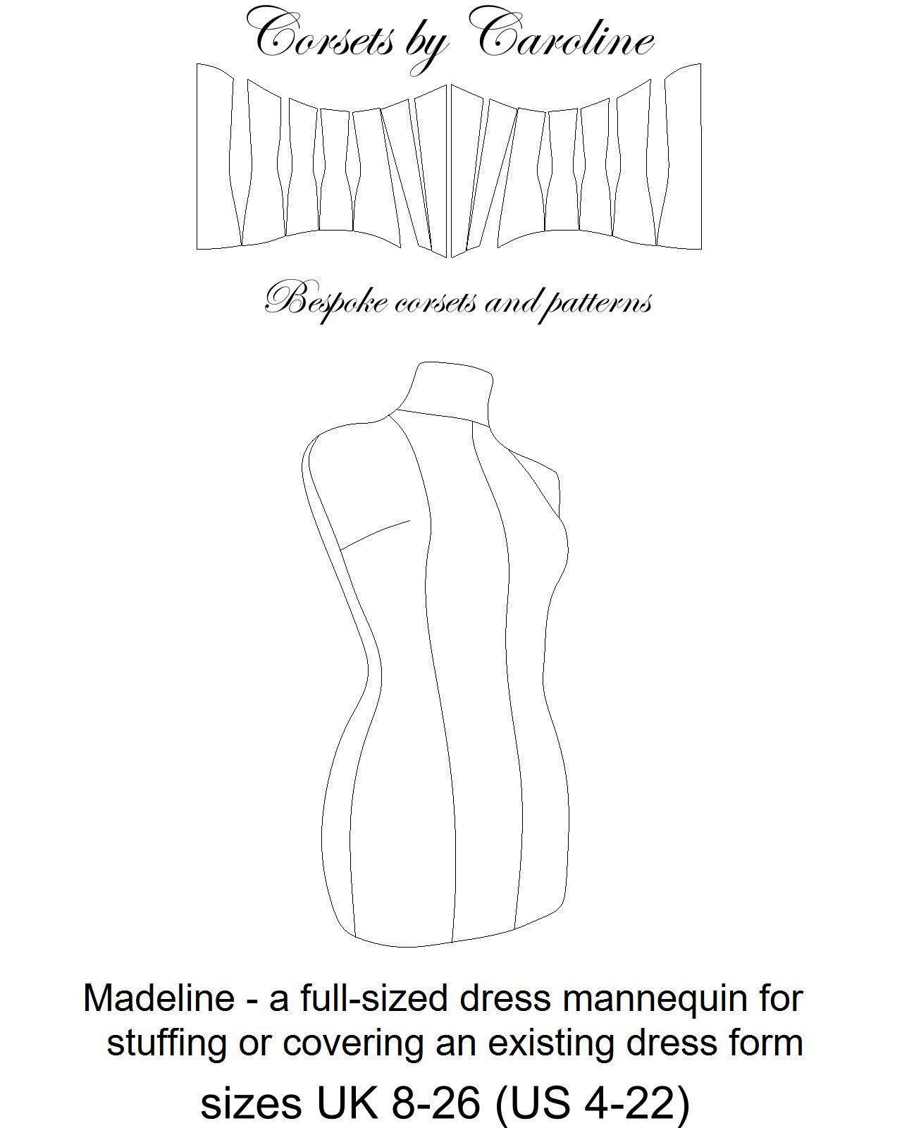 Full-sized DIY dress form pattern in sizes UK 8-26 (US 4-22) 4 cup sizes