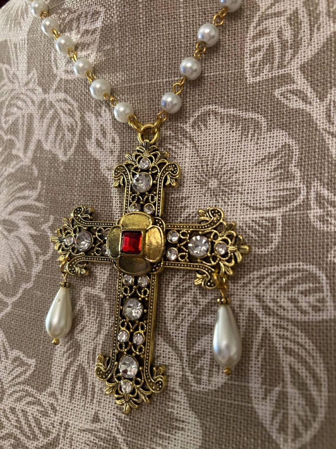 Tudor Cross necklace - pearl and ouch filigree cross - Queen ...