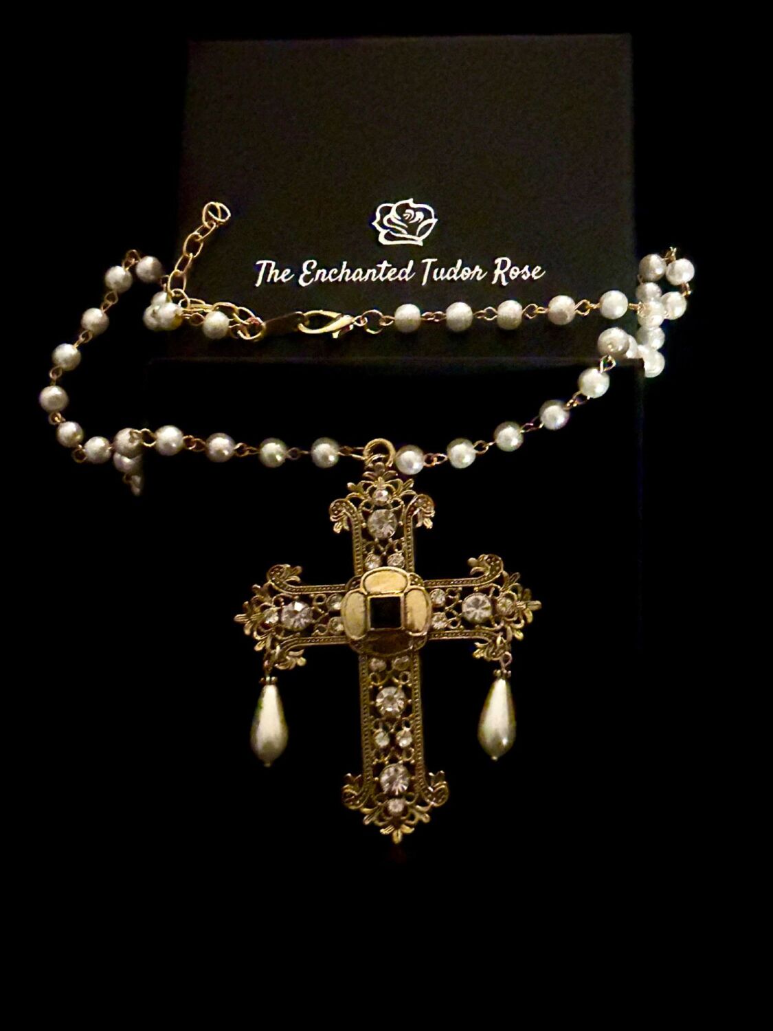 Tudor Cross necklace - pearl and ouch filigree cross - Queen ...