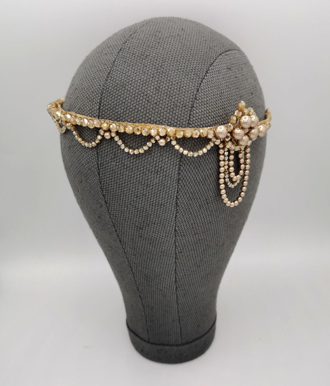 Gold crystal and pearl bridal forehead band
