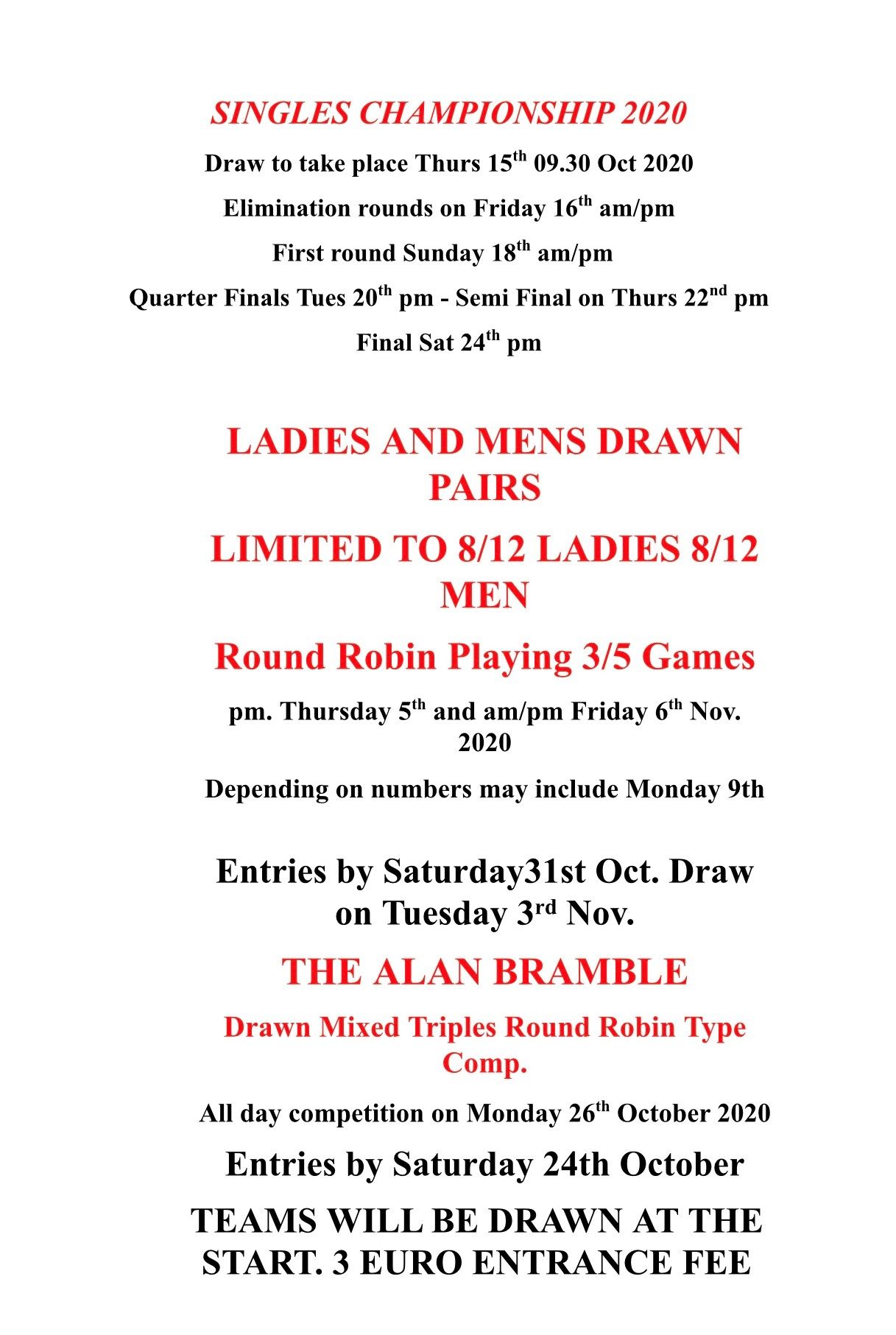 Revised Club competitions and Schedules 2020 & 2021